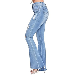 YMI Women's Wannabettabutt Highrise Super Flare Distressed Hem Denim Jeans(Medium Blue Rips,1)