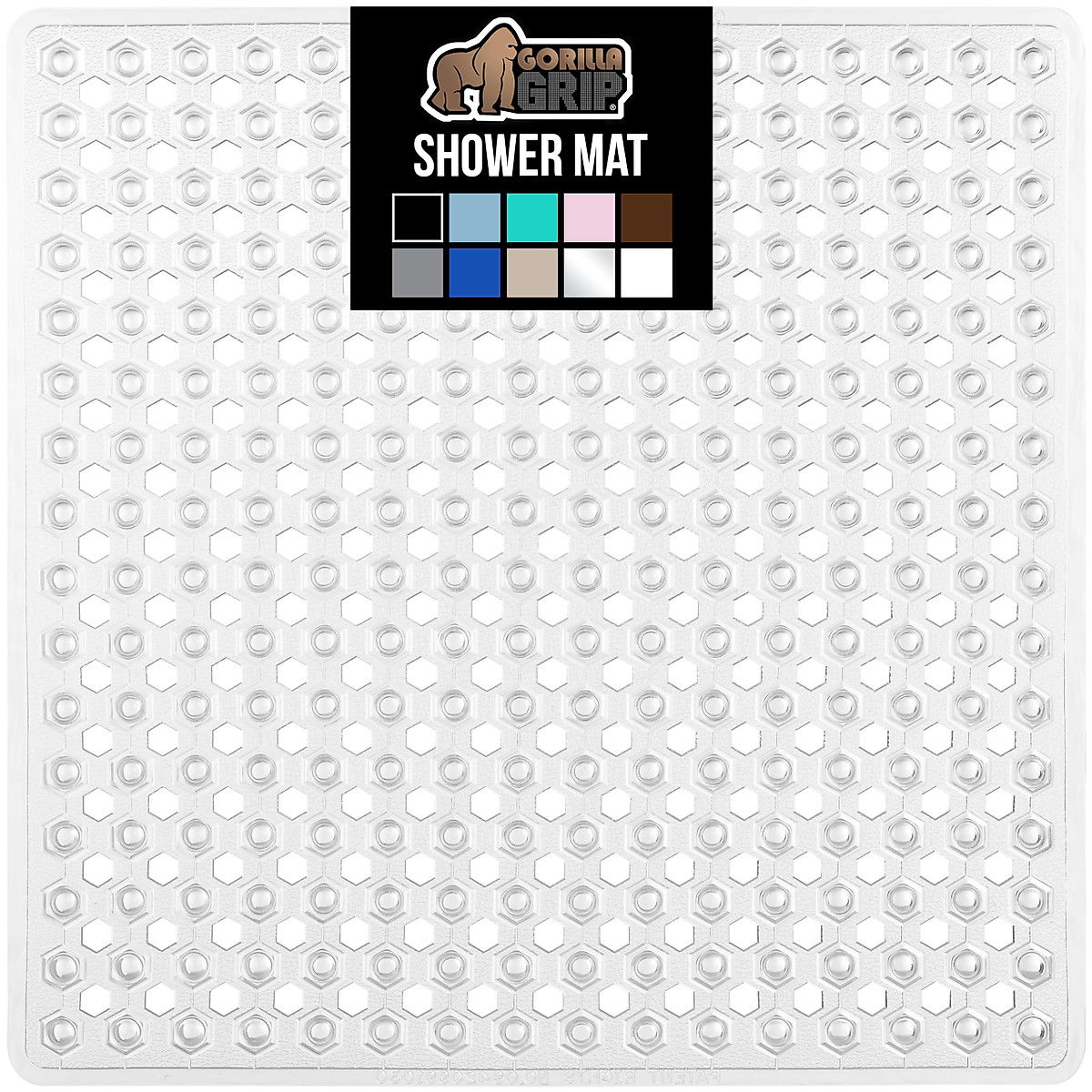 Gorilla Grip Patented Shower Stall Mat, 21x21, Machine Washable, Square Bathroom Bath Tub Mats for Stand up Showers and Small Bathtubs, Drain Holes Keep Floor Clean, Suction Cups, Soft on Feet, Clear
