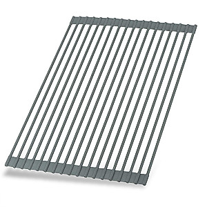 Hhyn Over The Sink Roll-Up Dish Drying Rack 17"(L) x 13"(W), Silicone Coated Stainless Steel Multipurpose Dish Drainer Mat for Kitchen, Gray - Small