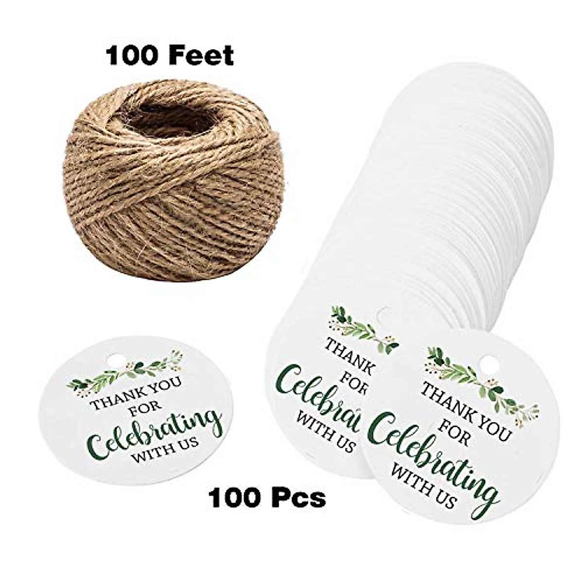 Thank You for Celebrating with Us Tags, 100Pcs Greenery Thank You Tags for Wedding Birthday Baby Shower Party Favors, Paper Gift Tags with 100 Feet Jute String