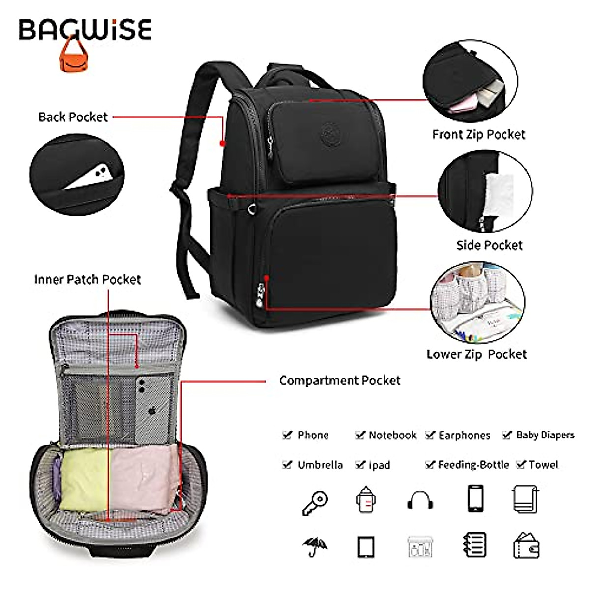 bagwise Unisex Diaper Bag Backpack, Large Baby Bag with Insulated Pockets Water-Repellent Mom and Dad Maternity Bag Large Capacity (Black)