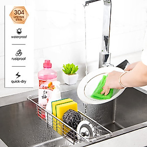 Retractable sink drain rack, 304stainless steel expandable sink storage rack, adjustable sink rack, kitchen sponge drying rack, sink tray, soap rack, breathable drainage (adjustable length 14in-18in)