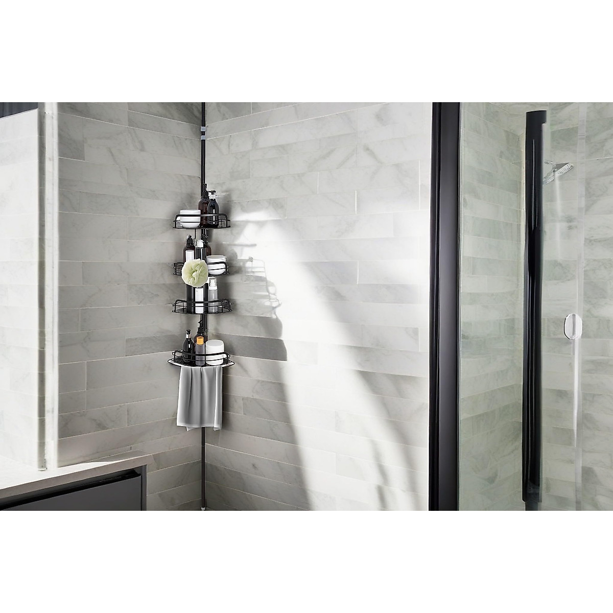 Everkeen Corner Shower Caddy Tension Pole, 4 Tier Bathroom Organizer and Shampoo Storage Shelves 48 to 115 inch Adjustable Floor Standing Bath Rack Holder with Sticky Hooks, Quick Installation