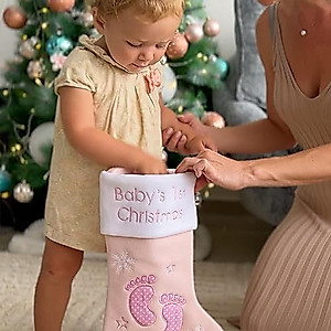 Heart's Sign Babys First Christmas Stocking 2024 Footsteps | My First Christmas Baby Boy and Baby Girl | Newborn Stockings Christmas Ornaments | Newborn Christmas Decor (Pink)