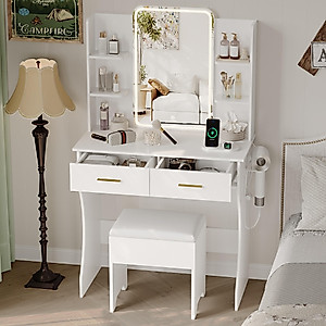 Small Vanity Desk with Mirror and Lights, Makeup Vanity Mirror with Lights Desk and Chair & 6 Shelves Compact White Vanity Mirror with RGB LED Lights 3 Lighting Adjustable Dressing Table for Women