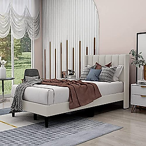 Zavoter Twin Upholstered Platform Bed Frame with Headboard, Mattress Foundation, Wood Slat Support, Quiet, no Box Spring Needed, Easy to Assemble Beige