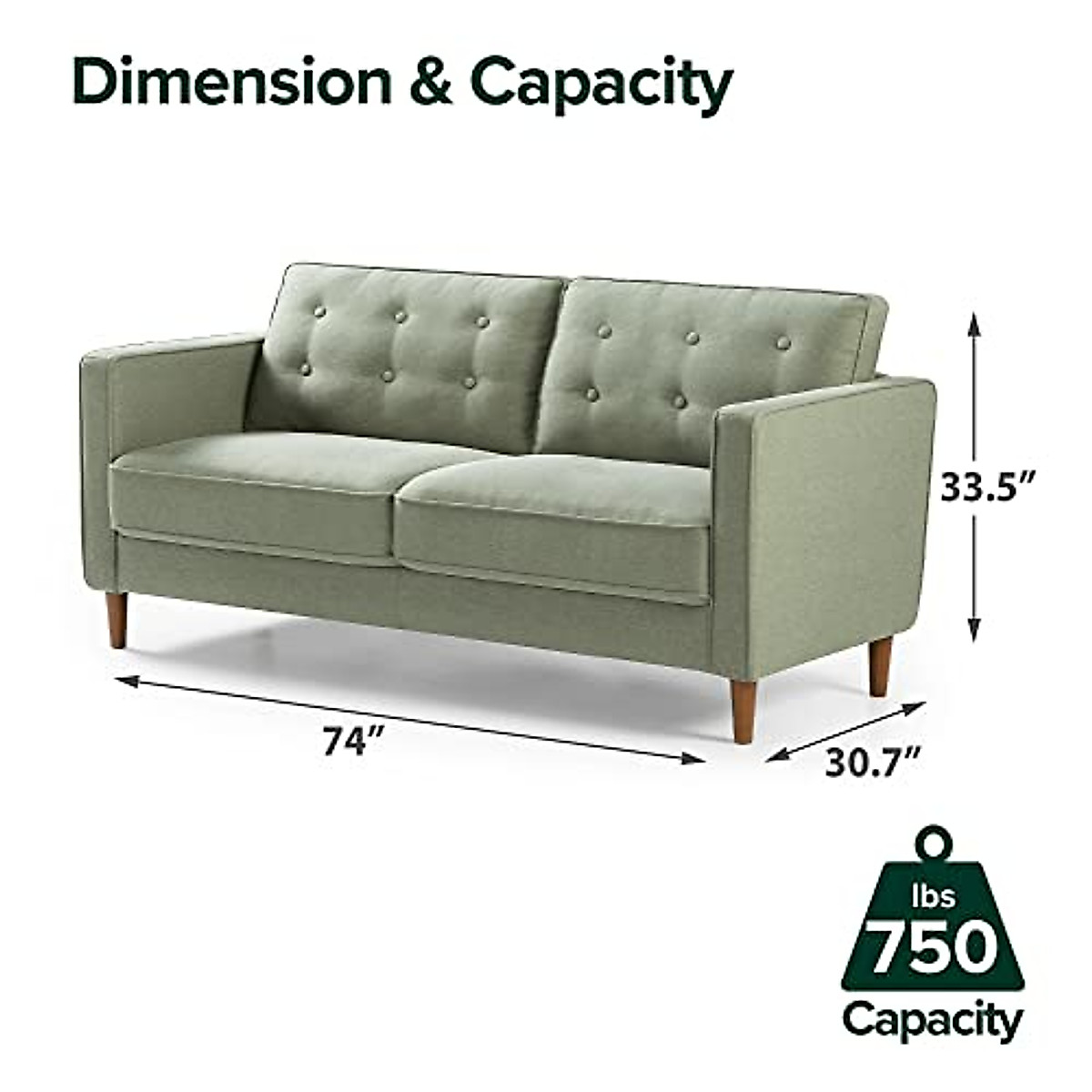 ZINUS Lauren Sofa Couch / Button Tufted Cushions / Easy, Tool-Free Assembly, Pear Green