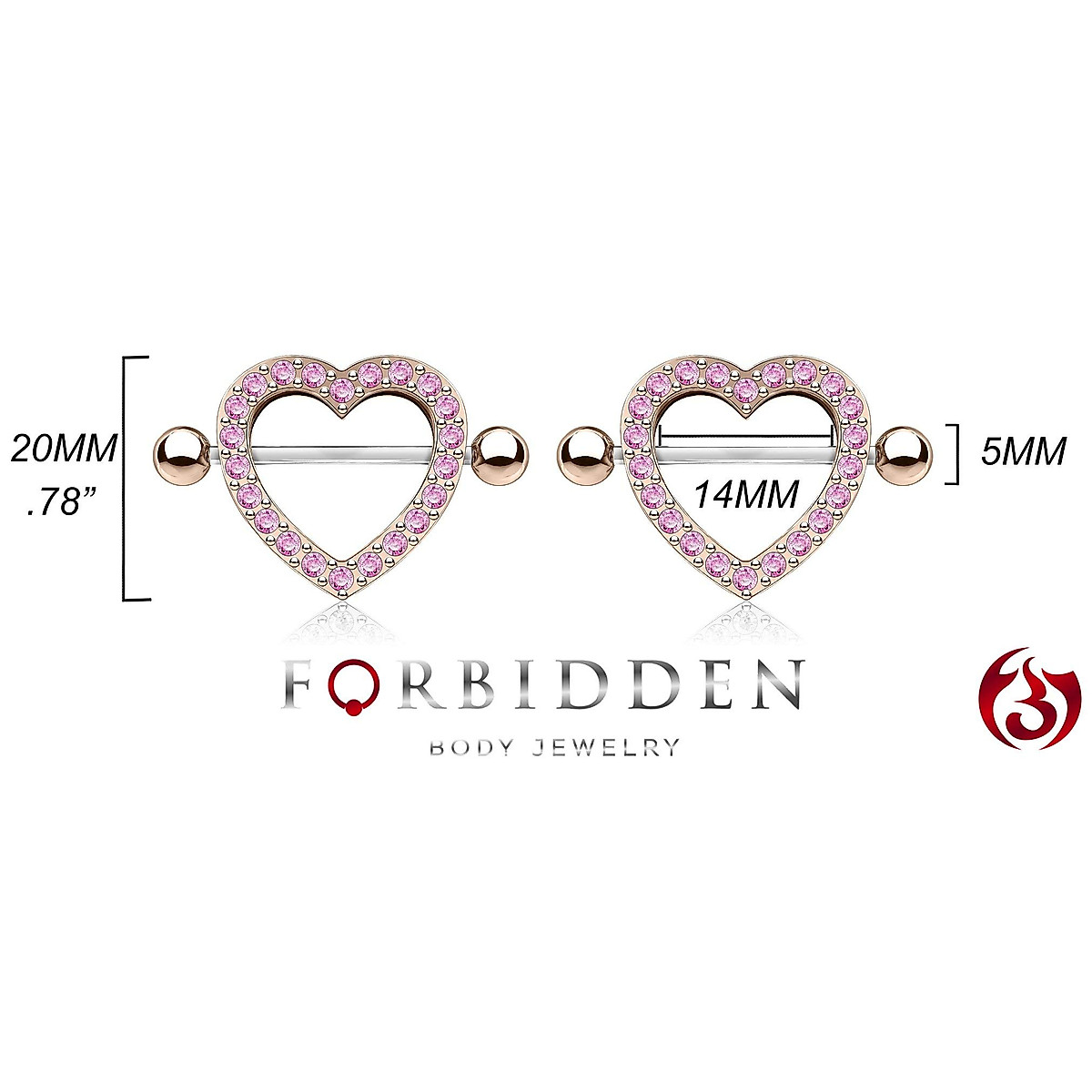 Forbidden Body Jewelry Surgical Steel CZ Crystal Heart Nipple Shield Barbells (Rose Gold Tone/Pink)