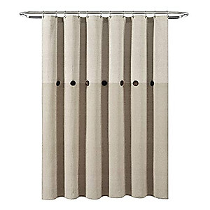 Lush Decor Beige Linen Woven Cotton Shower Curtain, Farmhouse Button Stripe, Yarn Dyed (72" x 72")