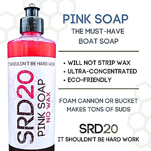 SRD20 Pink Soap Boat Wash. Won't Remove Boat Wax. Foam Cannon, Foam Gun or Bucket. A Must-Have in your Boat Cleaning Supplies. Biodegradable Boat Cleaner for all Marine Vessels.