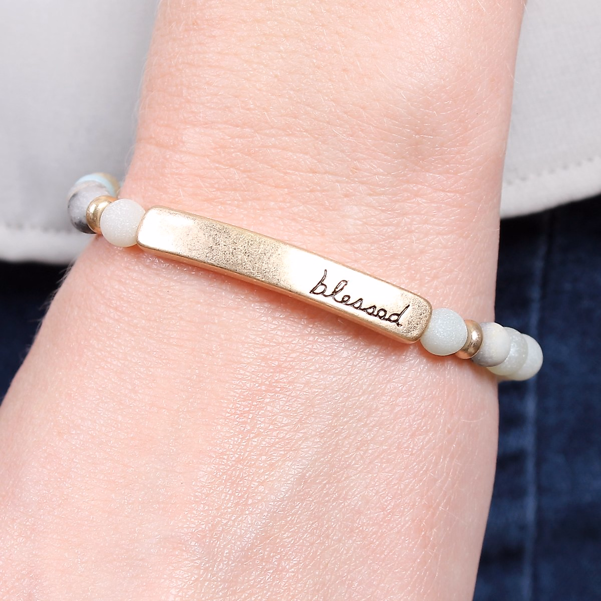 RIAH FASHION Cross Metallic Bar Beaded Stretch Bracelet - Religious Christian Strand Natural Stone, Sparkly Crystal Prayer Cuff Bangle (Blessed - Amazonite)