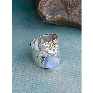 YoTreasure Natural Moonstone Solid 925 Sterling Silver Brass Hammered Finish Ring