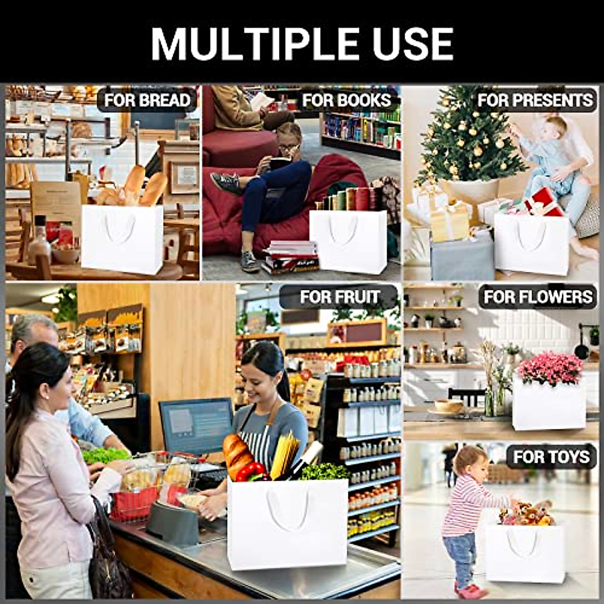 EUSOAR Gift Wrap Bags with Handles, 20 Pack 10.6x3.1x8.3 inches Small White Kraft Paper Bags Bulk, Heavy Duty Bags for Wedding, Grocery, Boutique, Retail, Business, Party Favors, Birthdays