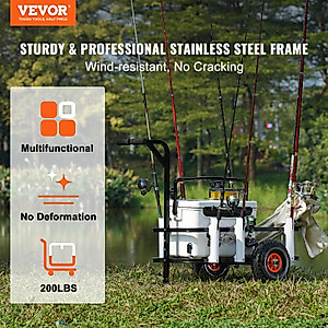 VEVOR Beach Fishing Cart, 200 lbs Load Capacity, Fish and Marine Cart with Two 11" Big Wheels Rubber Balloon Tires for Sand, Heavy-Duty Steel Pier Wagon Trolley with 7 Rod Holders for Fishing, Picnic