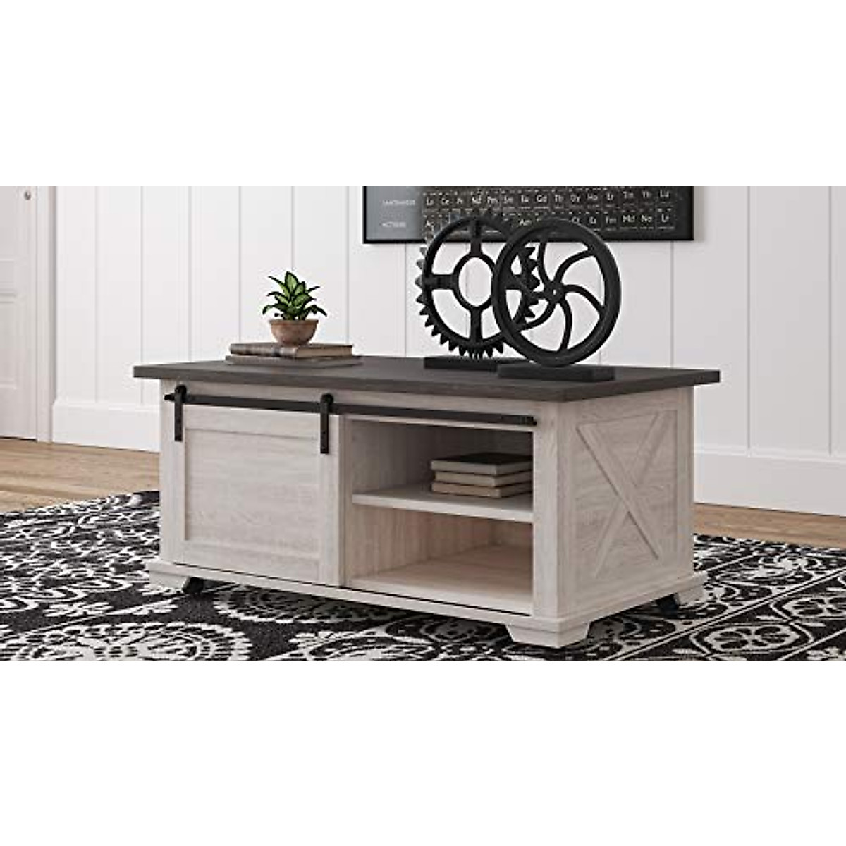 Signature Design by Ashley Dorrinson Farmhouse Coffee Table, Antique White & Brown & Dorrinson Square Chair Side End Table with Lower Fixed Shelf and USB Charging Port, Antique White & Brown