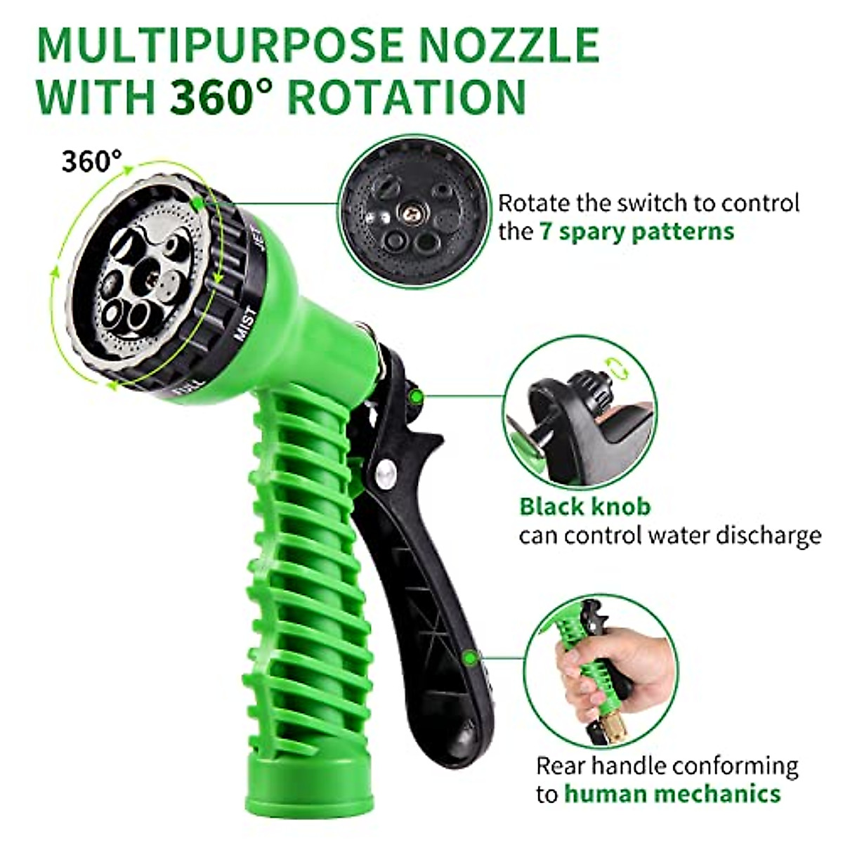 Yereen Coil Garden Hose 50FT, EVA Recoil Garden Hose, Heavy Duty Curly Coiled Water Hose, Retractable Garden Hose with 7 Function Spray Nozzle Gun