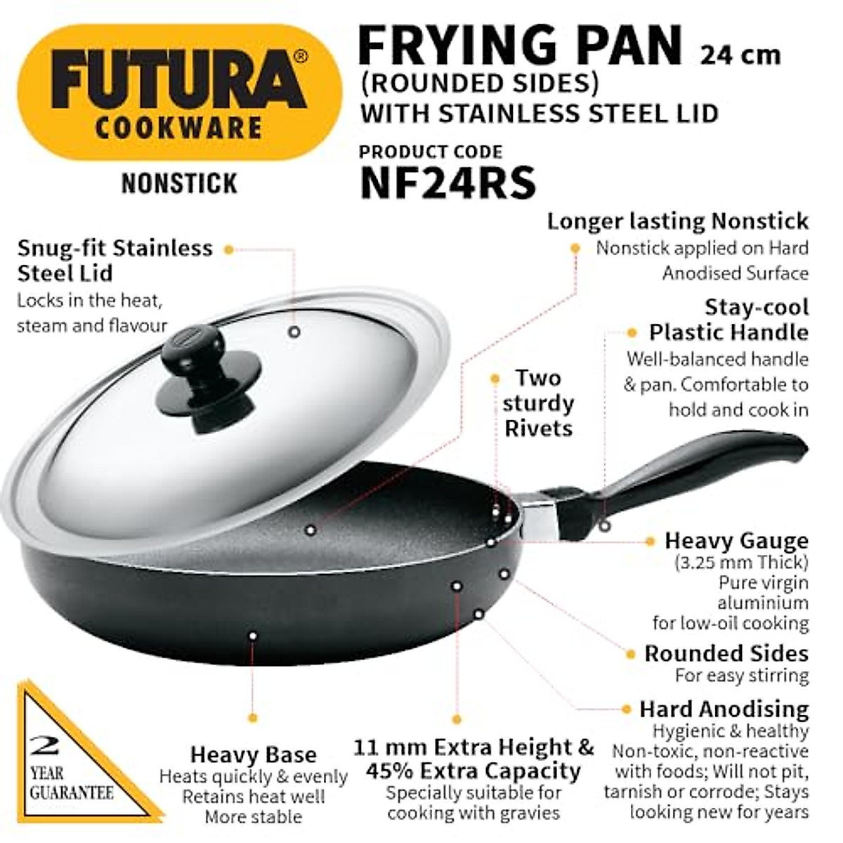 Futura Non-Stick 10-Inch Frying Pan Indian Style with Stainless Steel Lid