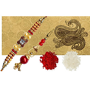 Purpledip Bhai Dooj Rakhi Set For Bhaiya Bhabhi In Shagun Envelop With Auspicious Roli Chawal Tika (rakhi35r)