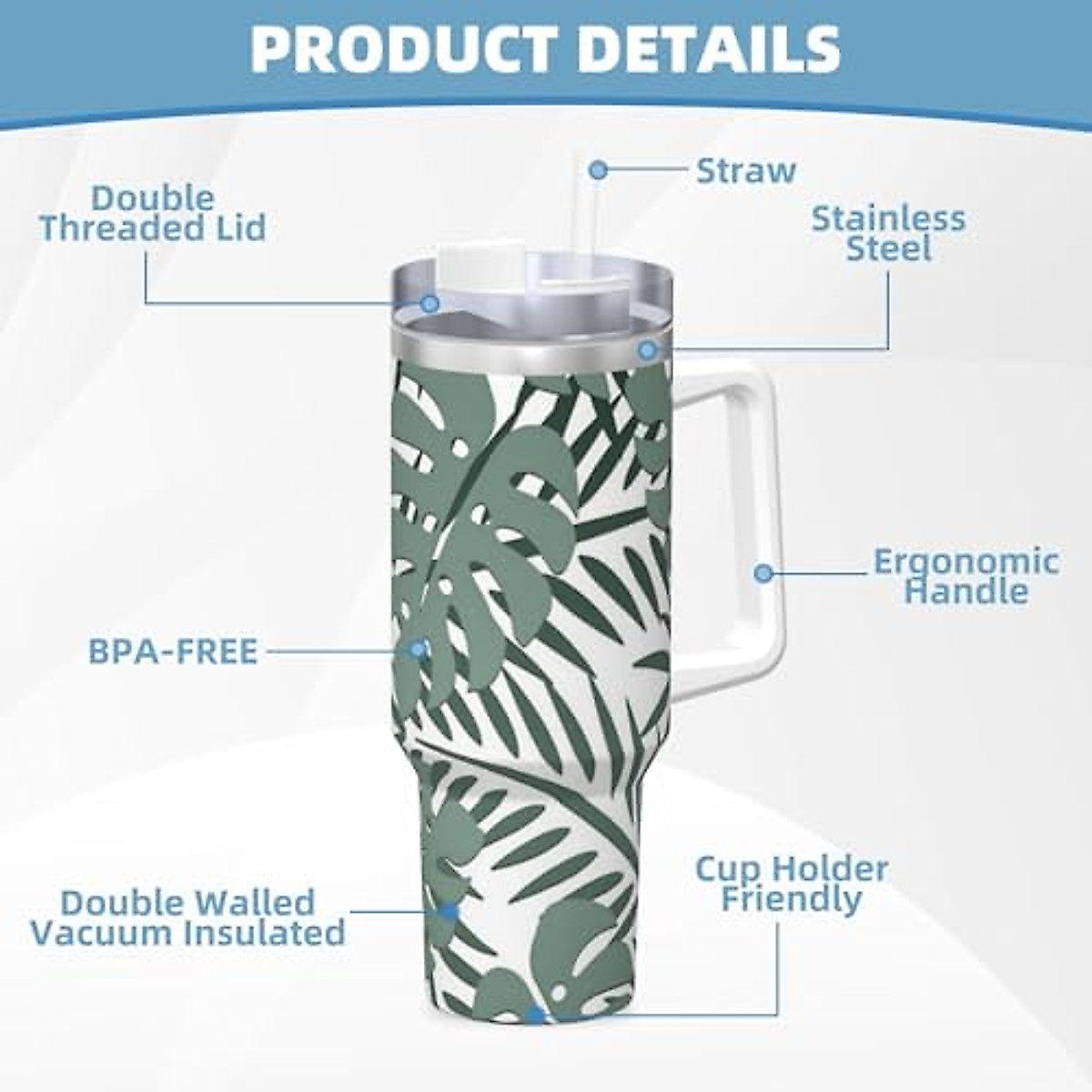 Xiexide 40oz Rustproof Outdoor Green Botanical Palms Leaves Double Walled Vacuum Insulatedith Handle And Straw,Hot & Cold Drinks