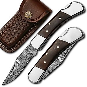 Handmade Damascus Pocket Knife for Men - 7 Inch Damascus Folding Knife with Sheath, Steel Bolster, Pocket Knives and Folding Knives with Back Lock, Pakkawood - Best for EDC, Camping and Hiking