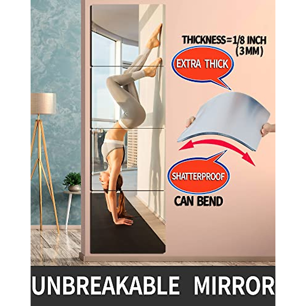 nosplit Unbreakable Gym Mirrors for Home Wall,Kids Safe Shatterproof Full Length Workout Extra Thick1/8 48''x12'',Child Acrylic Plastic Non Glass Long Body Mirror, Bedroom Door Tiles, Silver