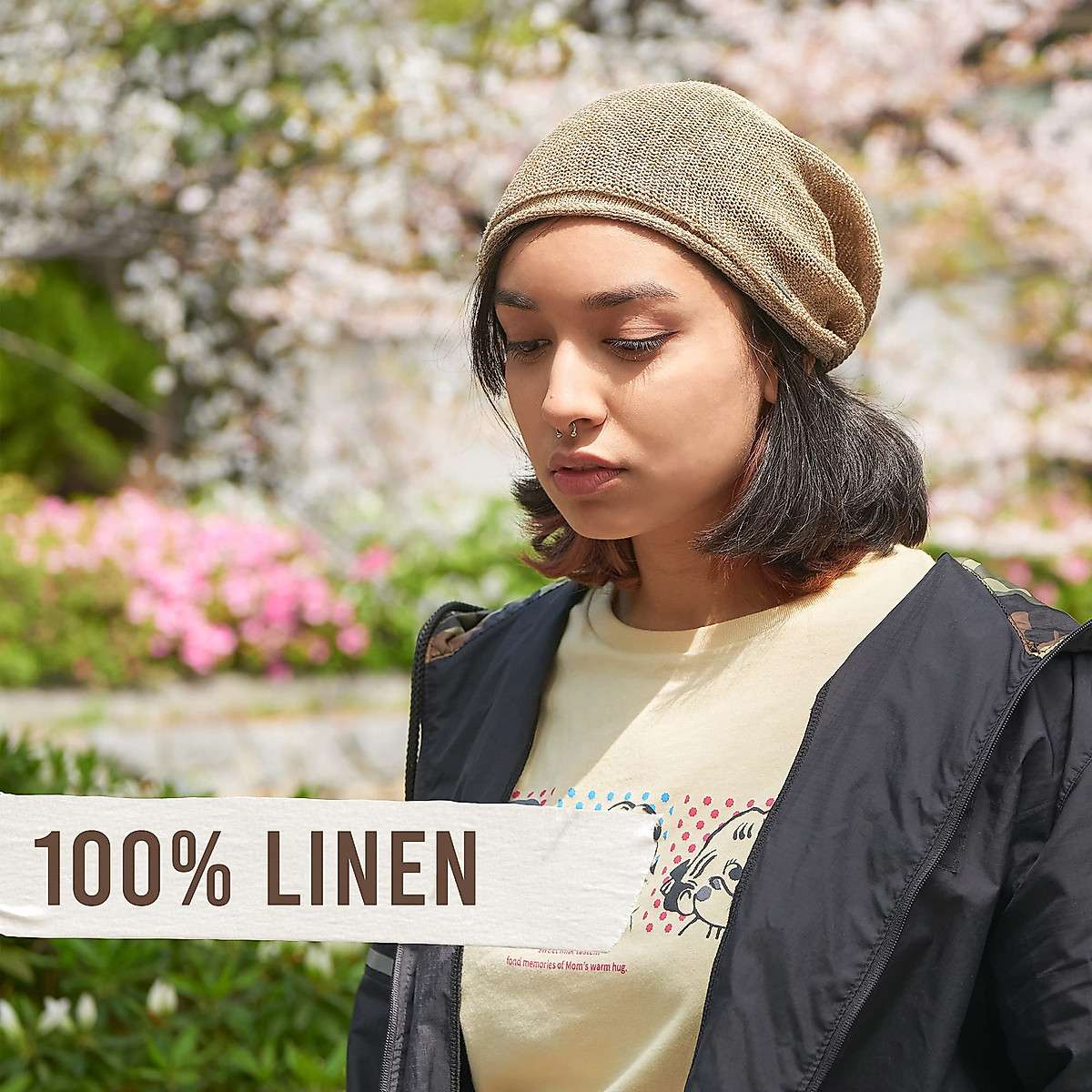 CHARM Linen Beanie Hat for Summer - Mens Slouchy Beanie Womens Baggy Knit Cap Cooling Hat Black