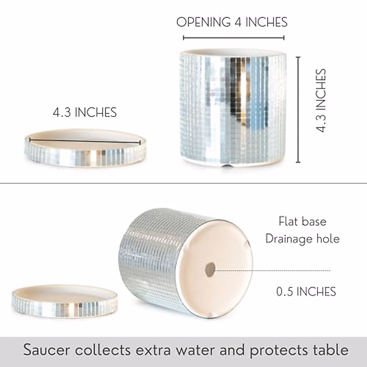 SCANDINORDICA Disco Ball Planter Pot - 4.3 inch Mirror Disco Ball Vase, Disco Planter, Ceramic Planter Pots Indoor with Drainage Hole and Saucer, Cute Desk Decor for Women | 0.2" Mirror Tiles