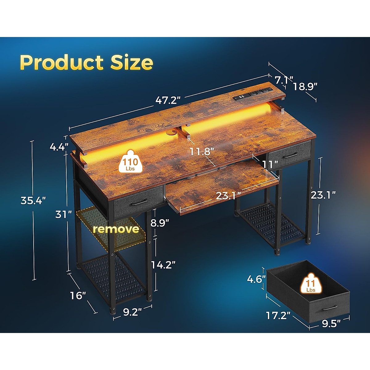 ODK Computer Desk with LED Lights & Power Outlet, 48 Inch Gaming Desk with Keyboard Tray & Drawers & Storage Shelves, Office Table Work Desk with Monitor Stand & PC Stand, Rustic Brown