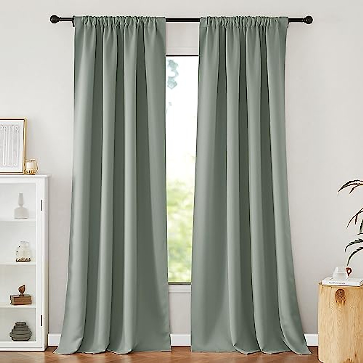 NICETOWN Sage Green Blackout Curtains 95 inches Long 2 Panels, Pinch Pleated Thermal Curtain Sound Proof Thick Window Drapes for Boys Bedroom/Office/Living Room, W52 x L95