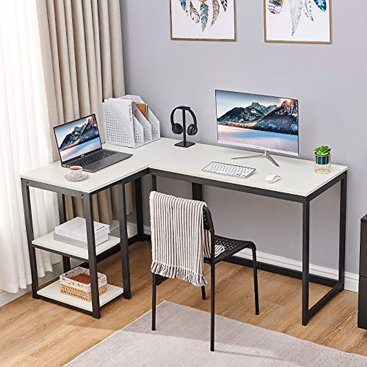 SINPAID Computer Desk 47 inches with 2-Tier Shelves Sturdy Home Office Desk with Large Storage Space Modern Gaming Desk Study Writing Laptop Table, White Desk