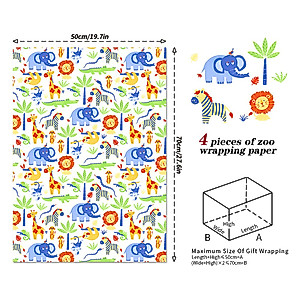 Wild Safari Zoo Jungles Animals Fun Wrapping Paper 4 Sheets for Kids Boys Girls, Adorable Gift Wrap for Birthday Baby Shower Children's Day Christmas, Folded Flat 20x30 Inches Per Sheet