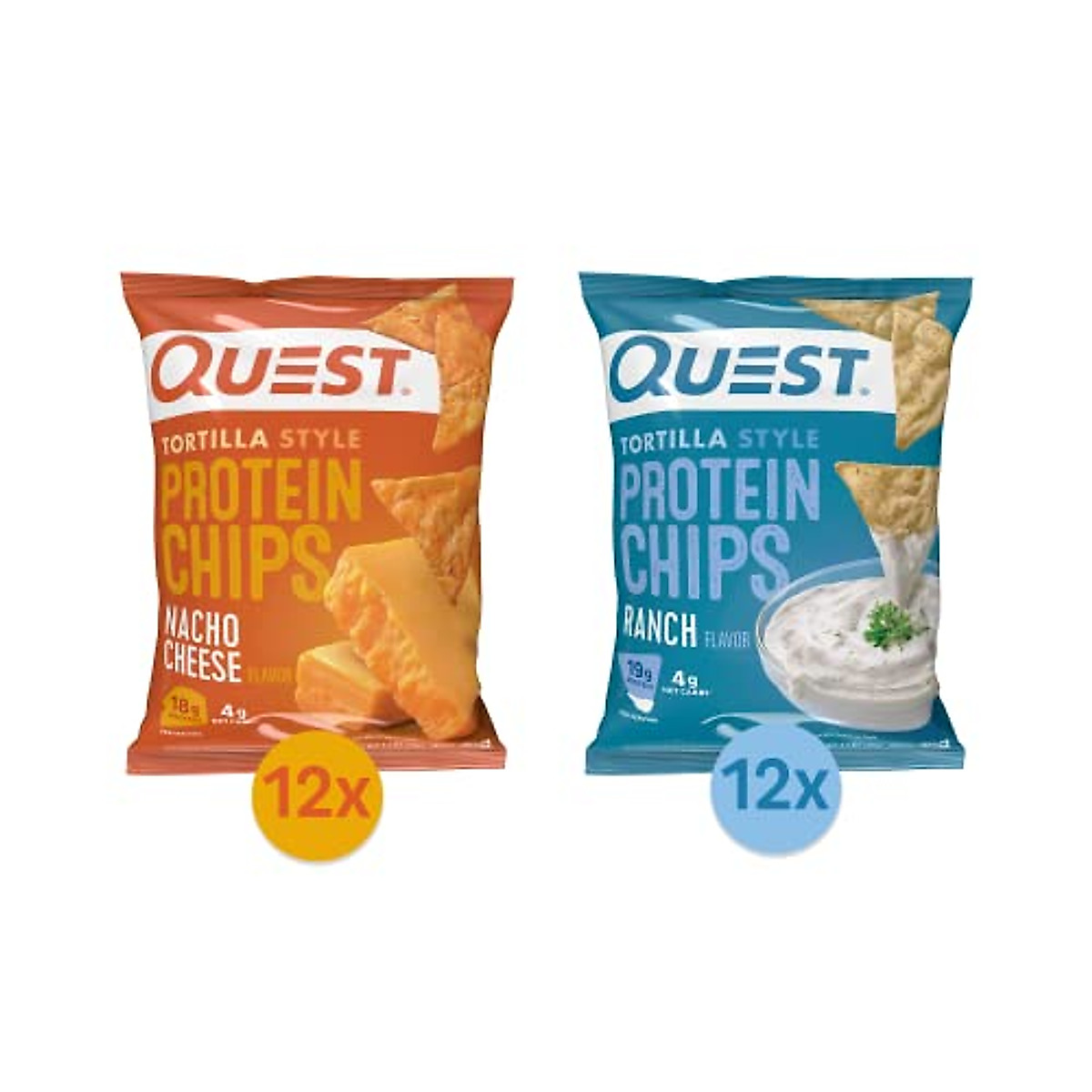 Quest Nutrition Tortilla Style Protein Chips Bundle, Ranch & Nacho Cheese, Baked, High Protein, Low Carb, Gluten Free, 1.1 oz, 24ct