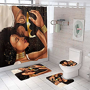 4 Pcs Forever Love African American Bathroom Shower Curtain Sets with Rugs Toilet Lid Cover and Bath Mat,Black Women Bathroom Set with Waterproof Fabric Bathroom Curtain and 12 Hooks
