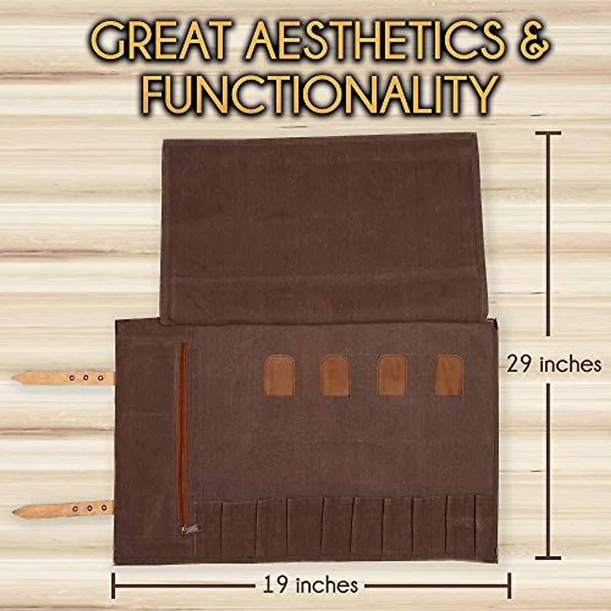 Prechepro (US Based Company Chef Knife Roll Bag With 10 Pockets, Tool Pouch And Leather Card Holder - Chef Knife Bag - Handmade Craftsmanship - Rugged Industrial Quality - Bag Only - No Knives