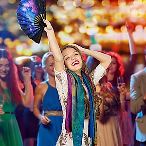 Qunclay 2 Pcs UV Glow Large Rave Hand Fan with Pashmina Scarf for Women Colorful Flowers Jacquard Shawl Performance Hand Fan(Cute)