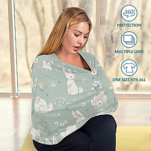 Cute Rabbit Bunny Flower Nursing Cover Breastfeeding Scarf, Stretchy Infant Carseat Canopy Multi-use Stroller Cover Car Seat Cover for Baby Girl Boy