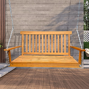 Front Yard Swing Bench Classic Teak Wooden Hanging Chains Easy Assembly Durable Solid Wood Porch Swing 47.2x28.15x23.62in