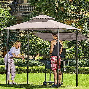 CHARMELEON Double Tiered Grill Gazebo 5x8, Outdoor BBQ Patio Canopy Tent with Stretchable Side Awning (Beige)