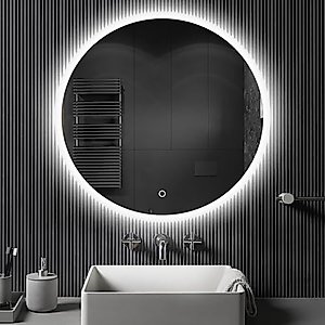 DELURA Round Led Bathroom Makeup Mirror, Wall-Mounted Vanity Mirror, 6000K/4000K/3000K Circle Makeup Mirrors (50-80cm) (Size : 50cm)
