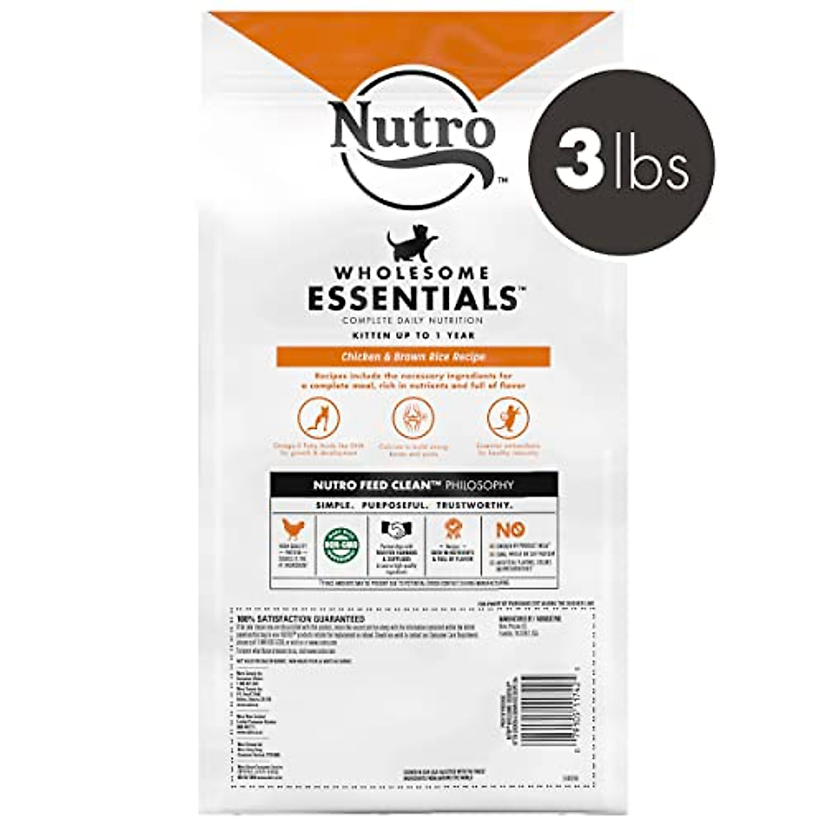 NUTRO WHOLESOME ESSENTIALS Kitten Natural Dry Cat Food for Early Development Farm-Raised Chicken & Brown Rice Recipe, 3 lb. Bag