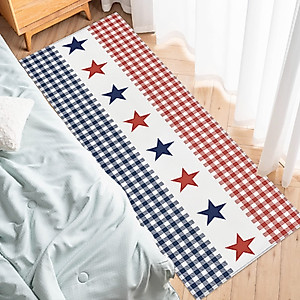 Rampower Kitchen Rugs, Independence Day Star Blue Red Plaid Buffalo Check 4th of July Non Slip Runner Rug Mat for Floor, Kitchen, Bedside, Sink, Office, Laundry, 19.7"X47.2"