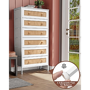 Crestlive Products Rattan Dresser Storage Tower, Tall Fabric Dresser, Chests of Drawers, Wood Top &Wood Handles - Organizer Unit for Bedroom, Hallway, Entryway, Closets - 6 Drawers (White)
