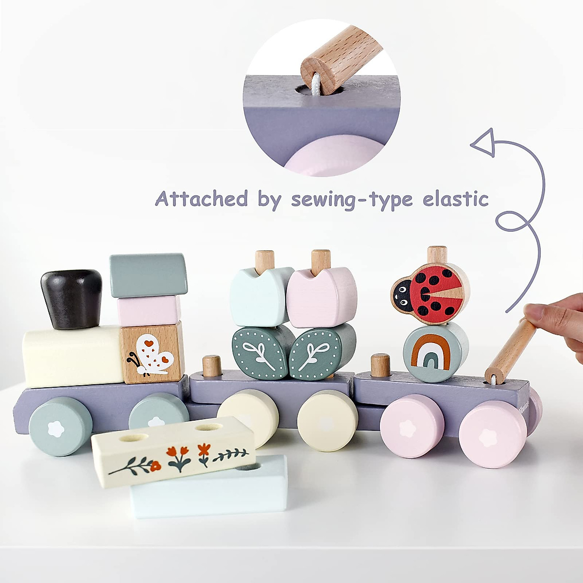 Pillowhale Wooden Stacking Train Toy Set,Wooden Building Blocks Train with Shape Sorter Early Learning Gift for Toddlers Boys Girls 12 Months and up