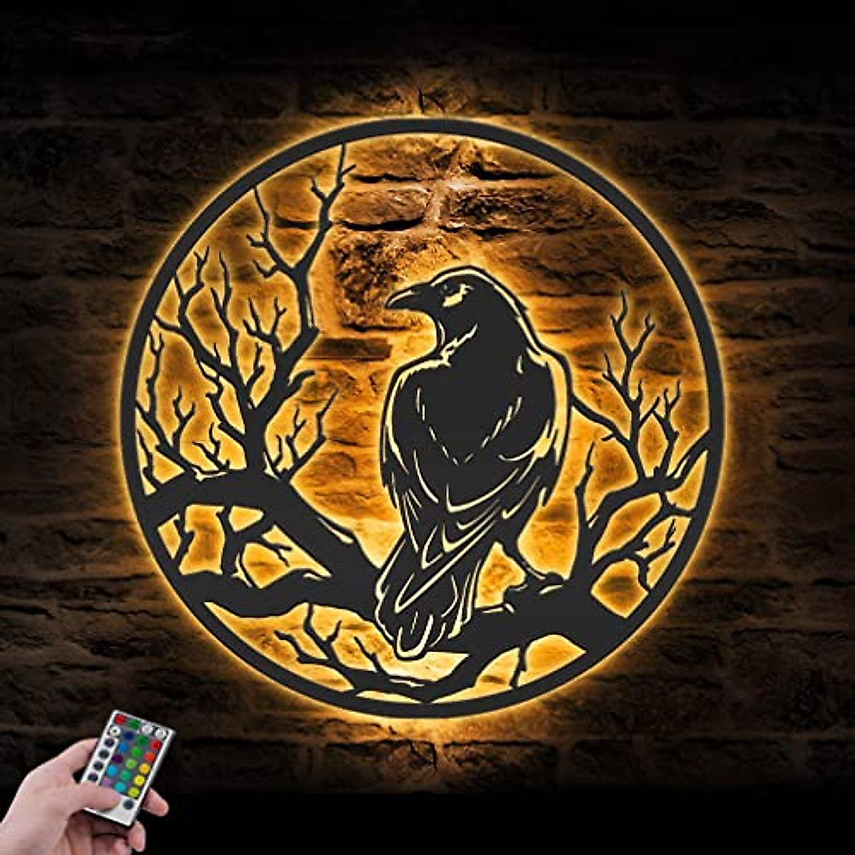 Raven Metal Wall Art with LED Light Crow Moon Sign Home Decor Black Horror Bird Decoration Man Cave Hanging Door Housewarming Halloween
