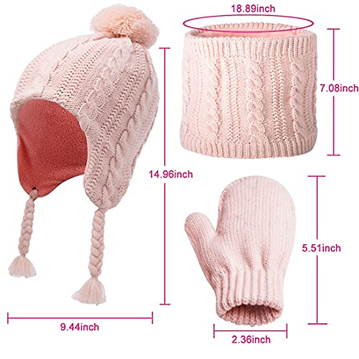 KMOLY Kids Winter Hat Scarf Gloves Set for Girls Boys 3-8 Years,Toddler Earflap Beanie Neck Warmer Mittens Fleece Lined Set