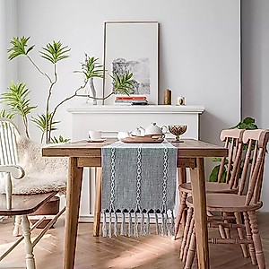 Fixwal 72 Inches Linen Table Runner, Rustic Tassel Embroidered Table Runner, Boho Farmhouse Style Braided Table Decoration for Wedding, Party, Picnic and Birthday (Dusty Blue)