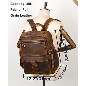 PAHVRION Men's Vintage Leather Backpack Casual Daypack Fits 15.6 Inch Laptop Brown Travel Rucksack Business Work Hiking Daypack