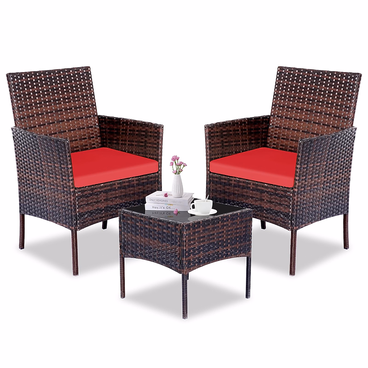 PAIQIAN Patio Porch Furniture Sets 3 Pieces PE Rattan Wicker Chairs with Table Tempered Glass Outdoor Garden Furniture Sets for Balcony Garden Porch Backyard(Brown/Red)