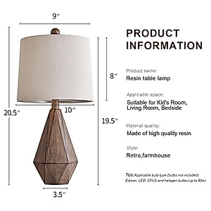 PoKat 20.25" Retro Farmhouse Table Lamp Set of 2 - Living Room & Bedroom Rustic Linen Bedside Nightstand Lamps for Kids, Study, Office - Resin, Suitable for Small Places