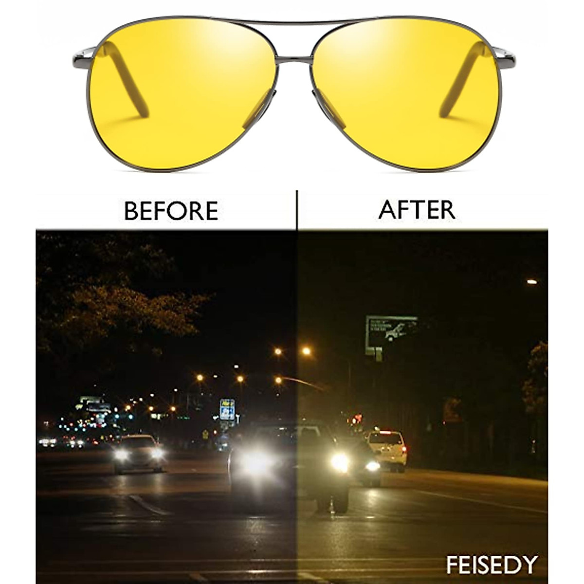 FEISEDY Night Driving Glasses Night Vision Aviator Reduce Glare Eyewear with Spring Hinge for Men Women B2294